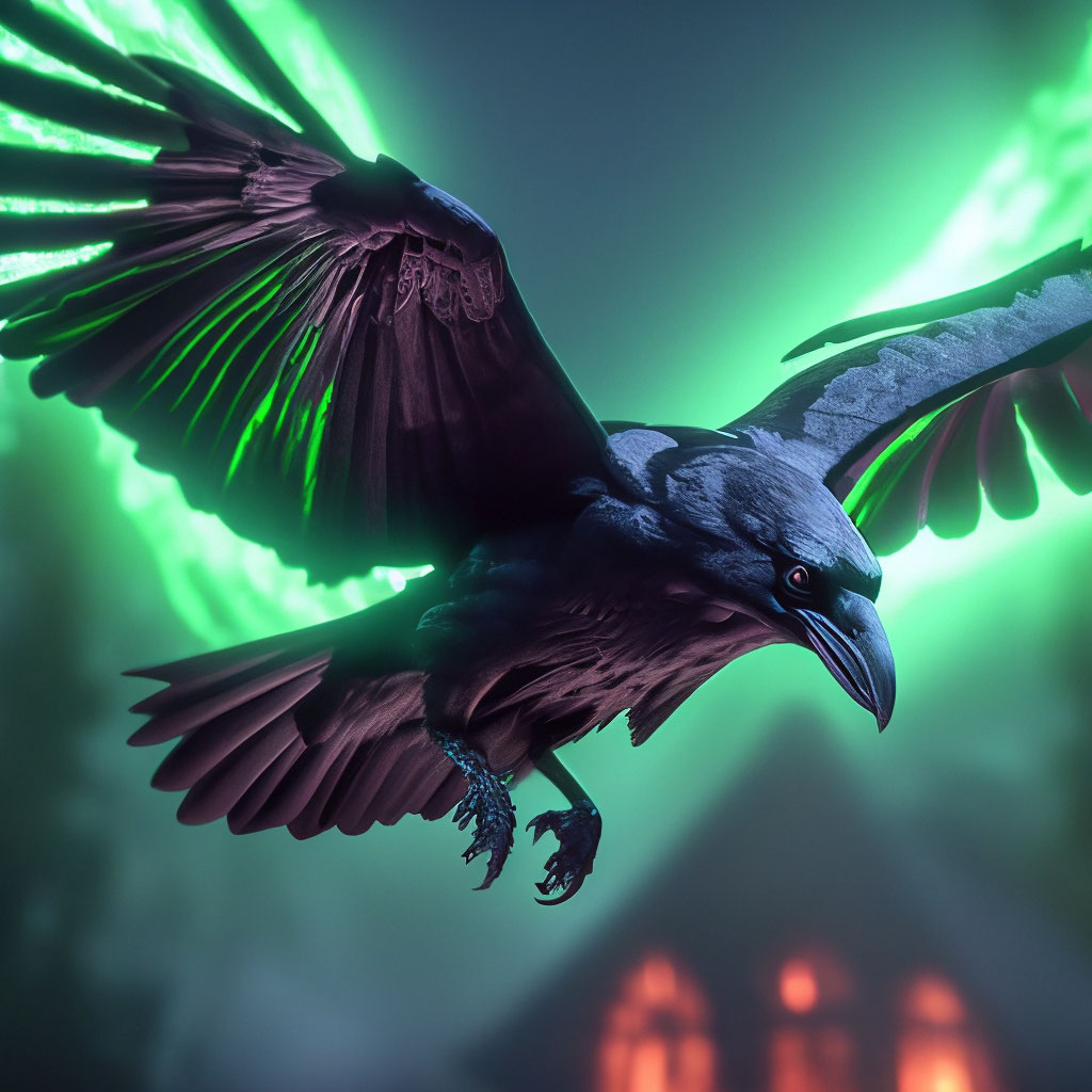 "Gothic raven in flight with glowing green eyes, hyperrealistic, fog ...