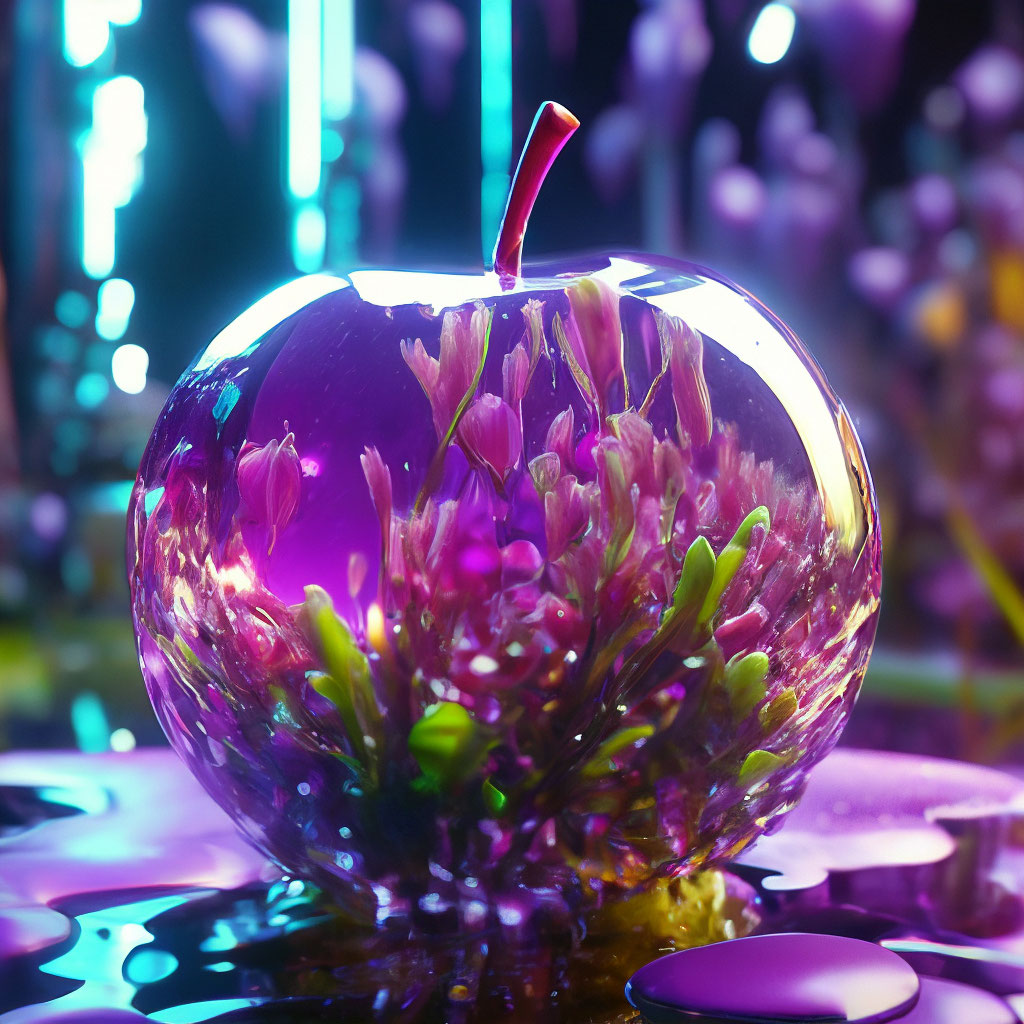 "Colorful algae grow inside the purple crystal apple, drops on the ...