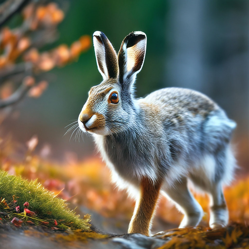 "Realistic photo of a gray hare walking in the forest side view, close ...