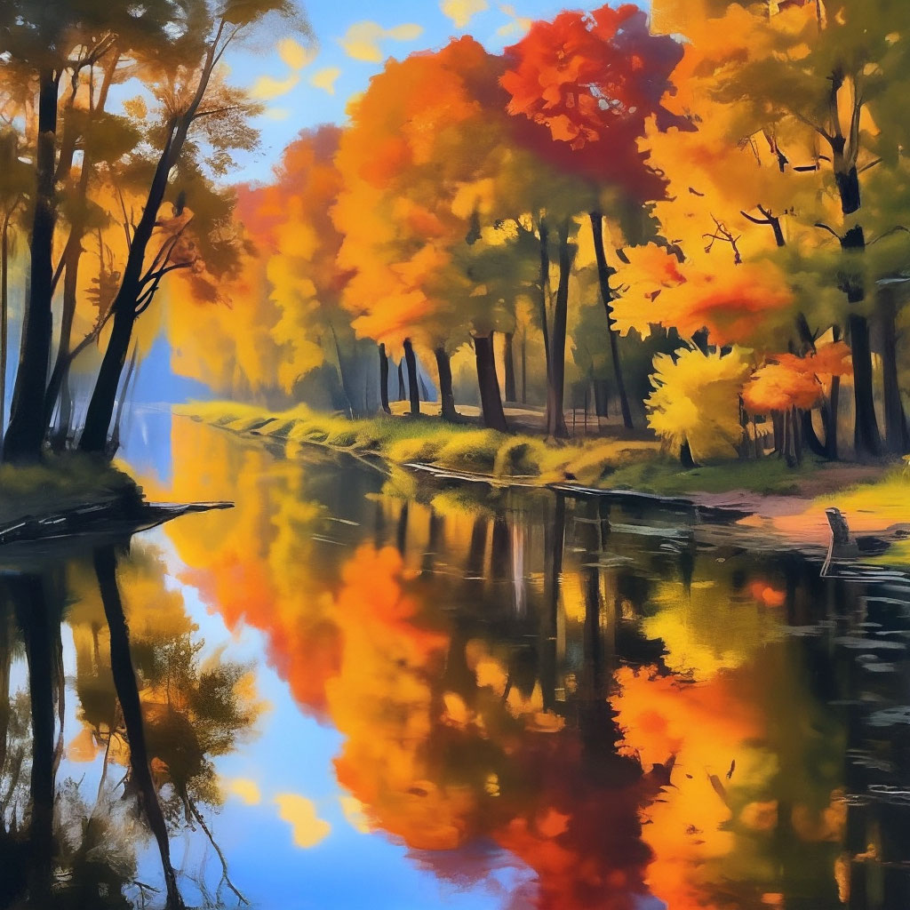 "Trees over the river reflection of autumn" — image created in Shedevrum