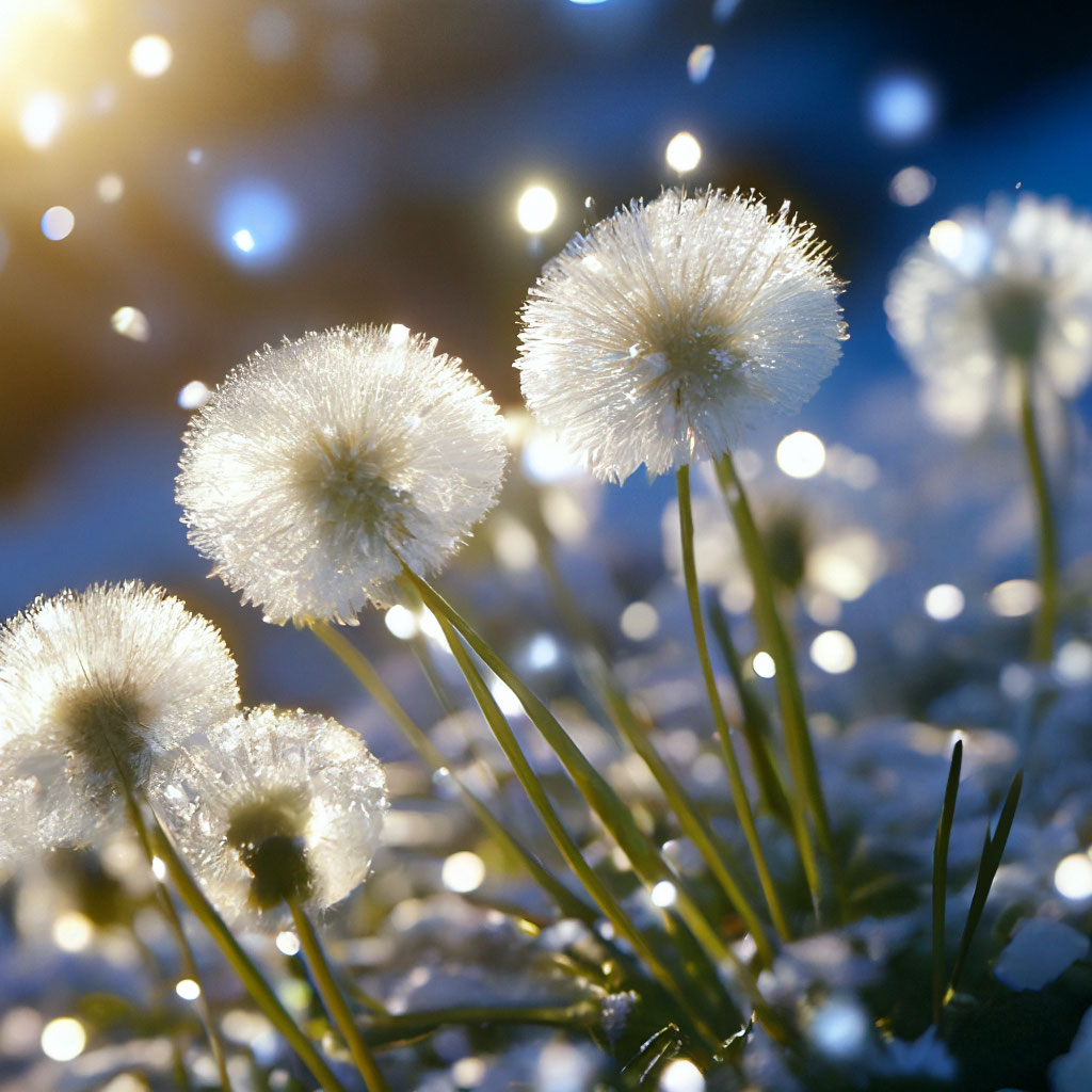 "Dandelions and snow-white flowers sparkle in the sun,glow,sparkle ...