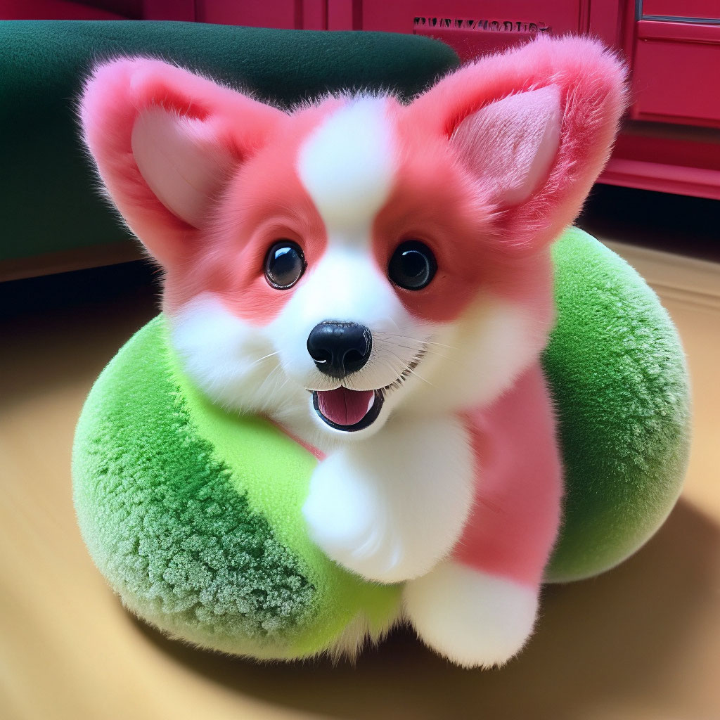 "Corgi-watermelon, very fluffy and cute, shiny, loopy eyes" — image ...