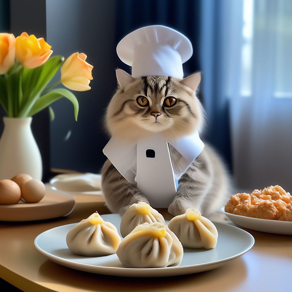 "A beautiful fluffy modern cat in a chef's hat and apron sculpts ...