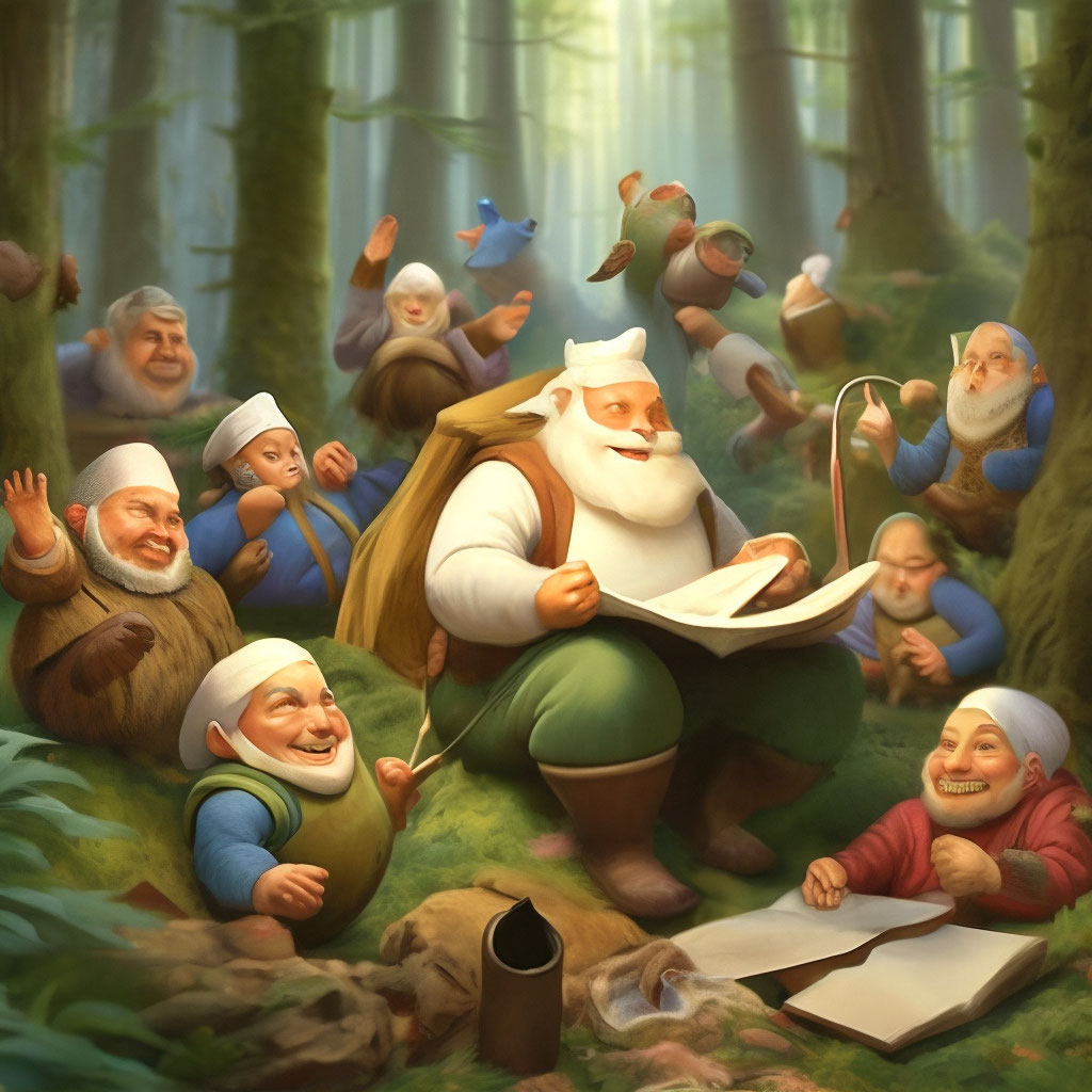 "A man is doing his homework in the forest and fat dwarfs are running ...