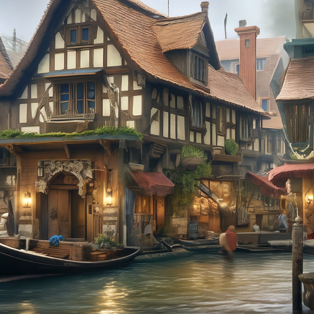"Old House, Hobbit, dwarf, elf, Tolkien walk down the street, a city of ...