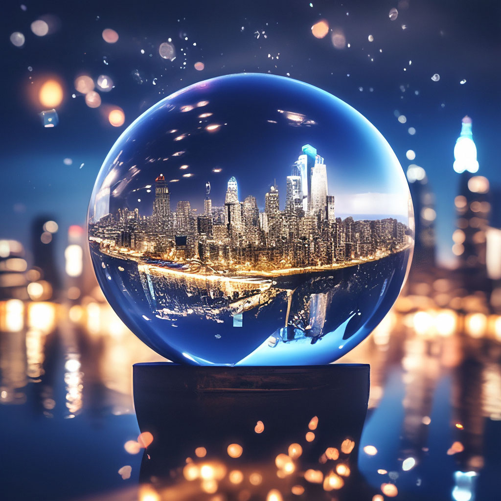 "Glass ball, city inside, fireworks, night, moon." — image created in ...