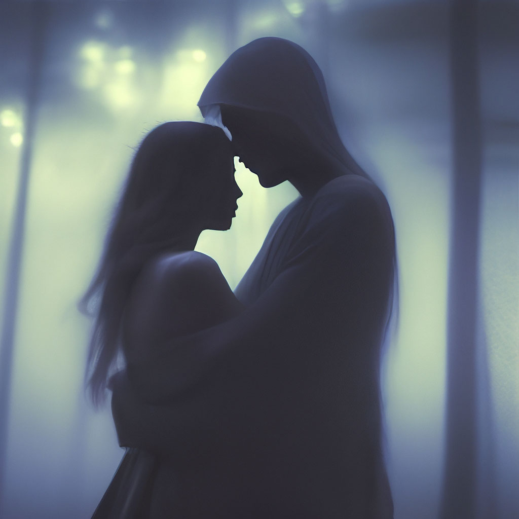 "A real girl is standing, hugged by a mental amorphous silhouette of a ...
