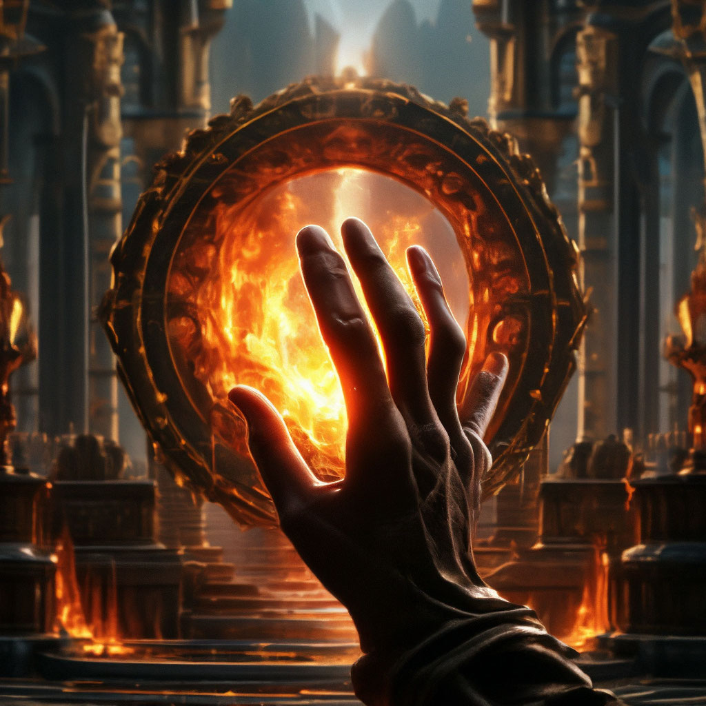 "The hand reaches into the depths of a huge portal. A mythical ...
