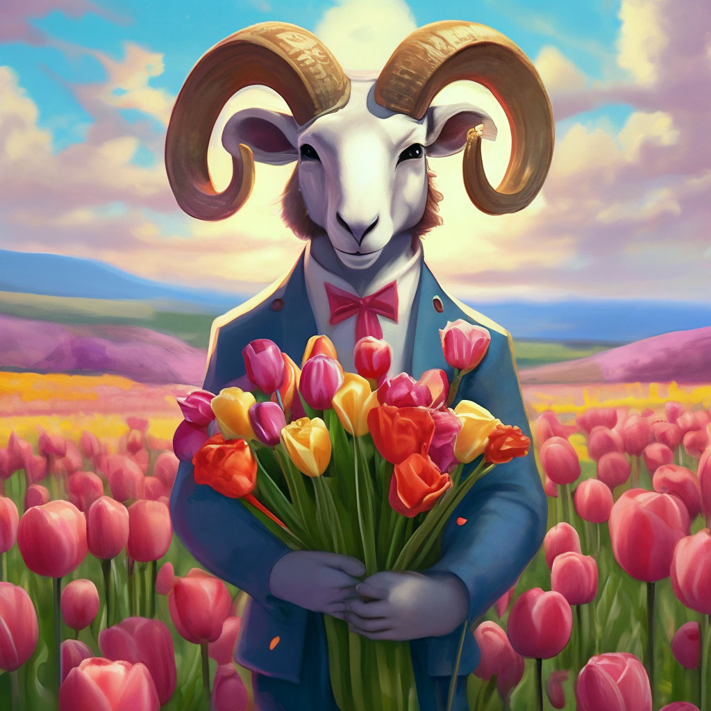 "Romantic 🥰 An anthropomorphic ram stands in a field of tulips, holding ...