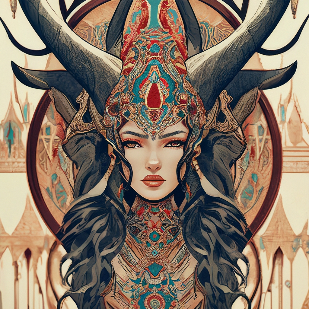 "Shaitan, scary with horns depth, art Nouveau patterns, mixed media ...