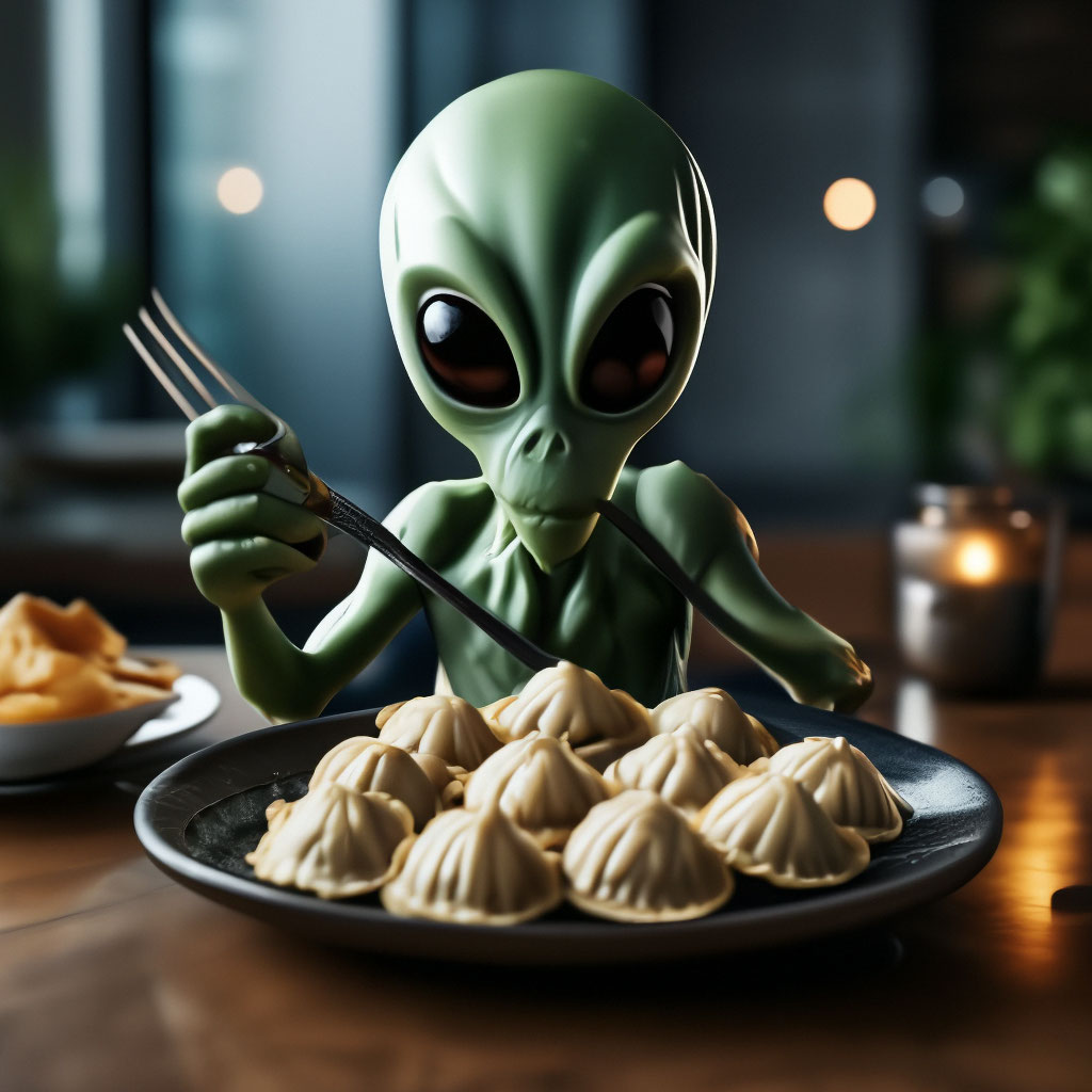 "An alien eats dumplings with a fork" — image created in Shedevrum