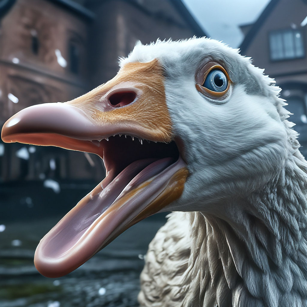 "Anthropomorphic old goose rushes at passers-by, slime, scream, crying ...