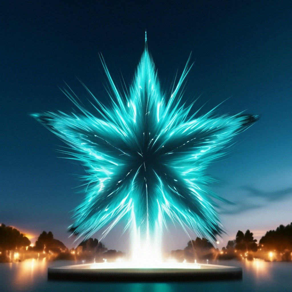 "Fireworks in the shape of a star, aquamarine color. Night. It's ...