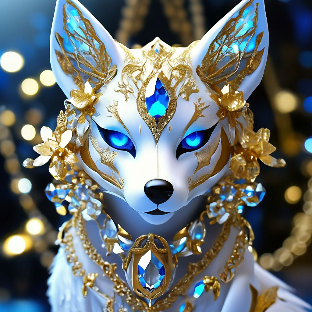 "Kitsune hyperrealism, crystal white blue eyes,necklace decoration and ...