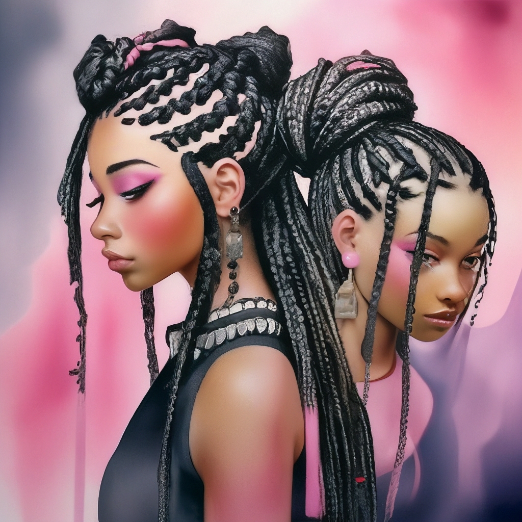 "Emo girl and african braids, black and pink gradient, art nouveau ...