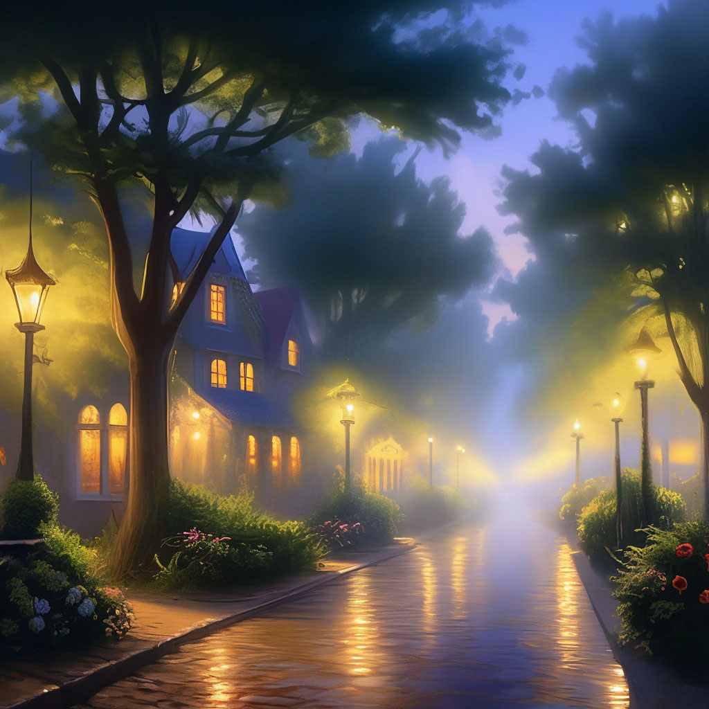 "Summer night, fog, street, lanterns, beautiful trees and bushes, soft ...