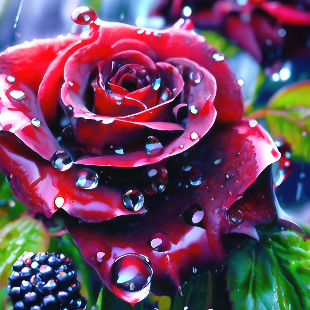 "Blackberry roses, dewdrops, watercolor painting with drawing, fantasy ...