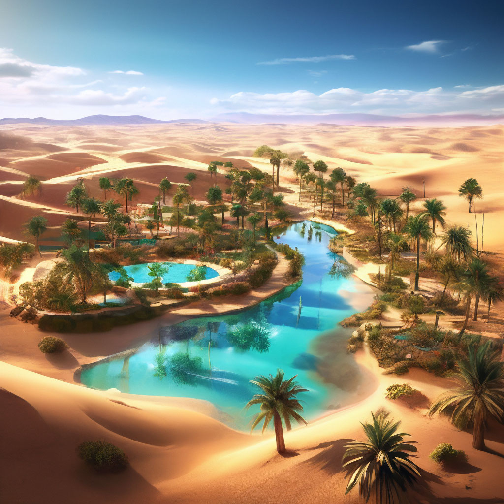 "The desert and the reviving oasis" — image created in Shedevrum
