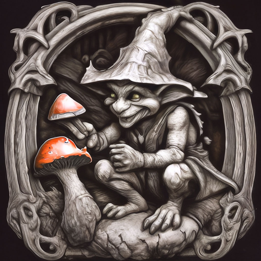 "The goblin eats a mushroom in the Gothic style" — image created in ...
