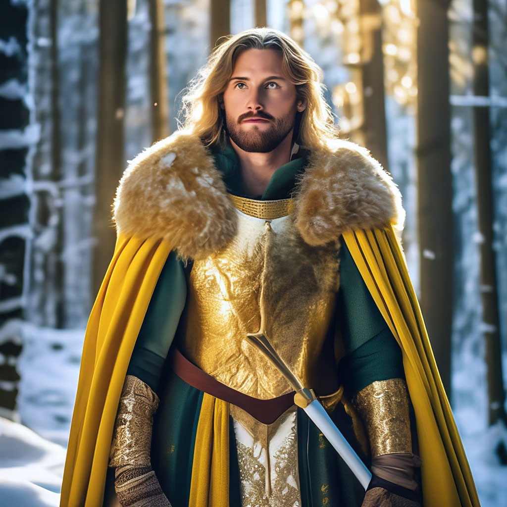 "King Arthur in golden clothes, winter forest, beautiful, realistic ...