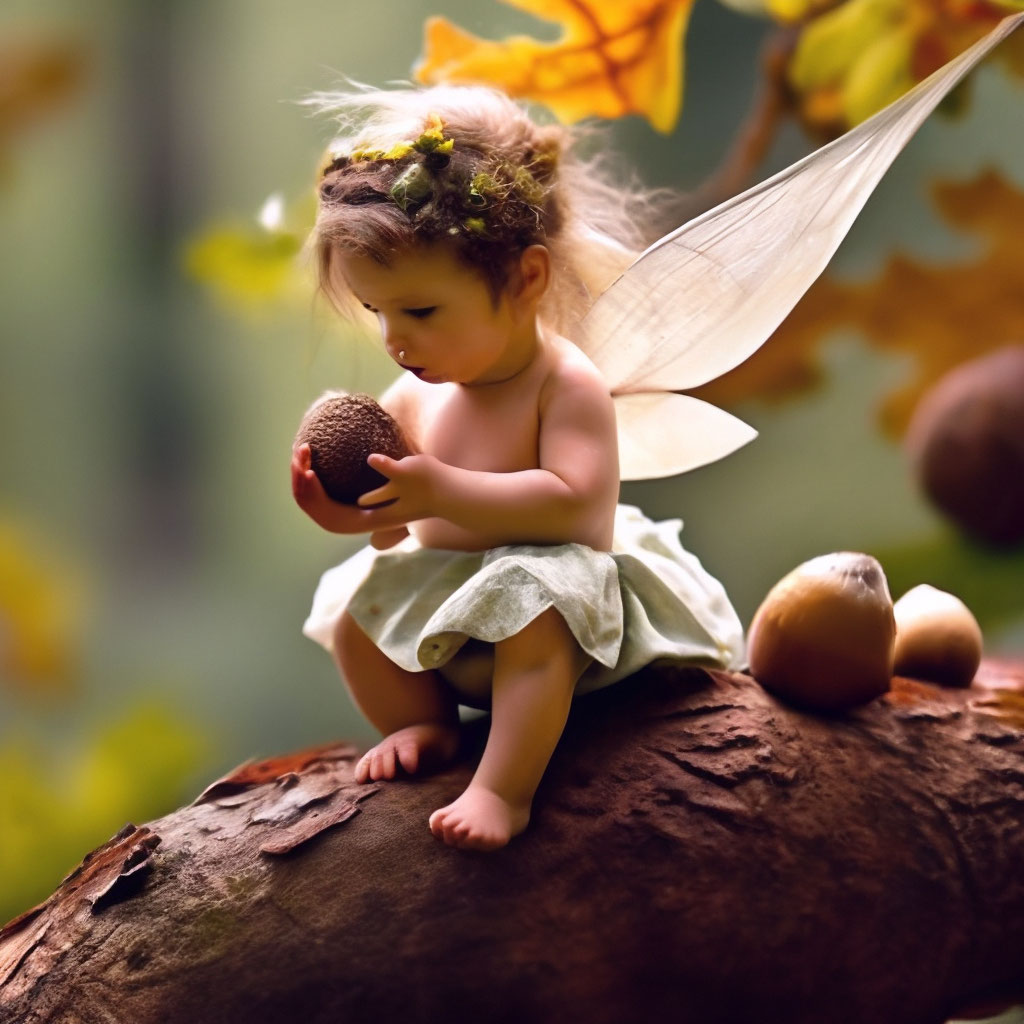 "A baby fairy sits on an oak branch holding an acorn, children's ...
