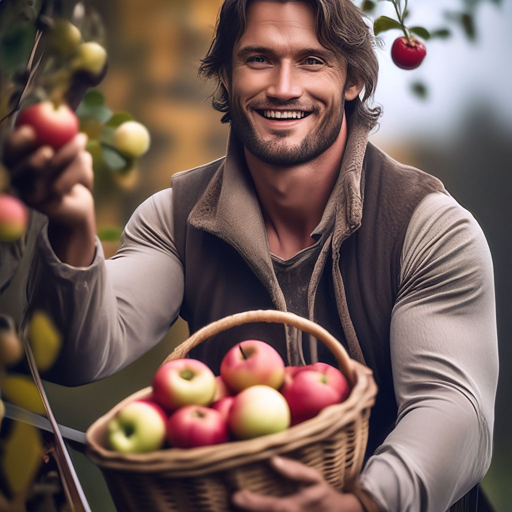 "Autumn, very handsome man, picking apples, high on an apple tree ...