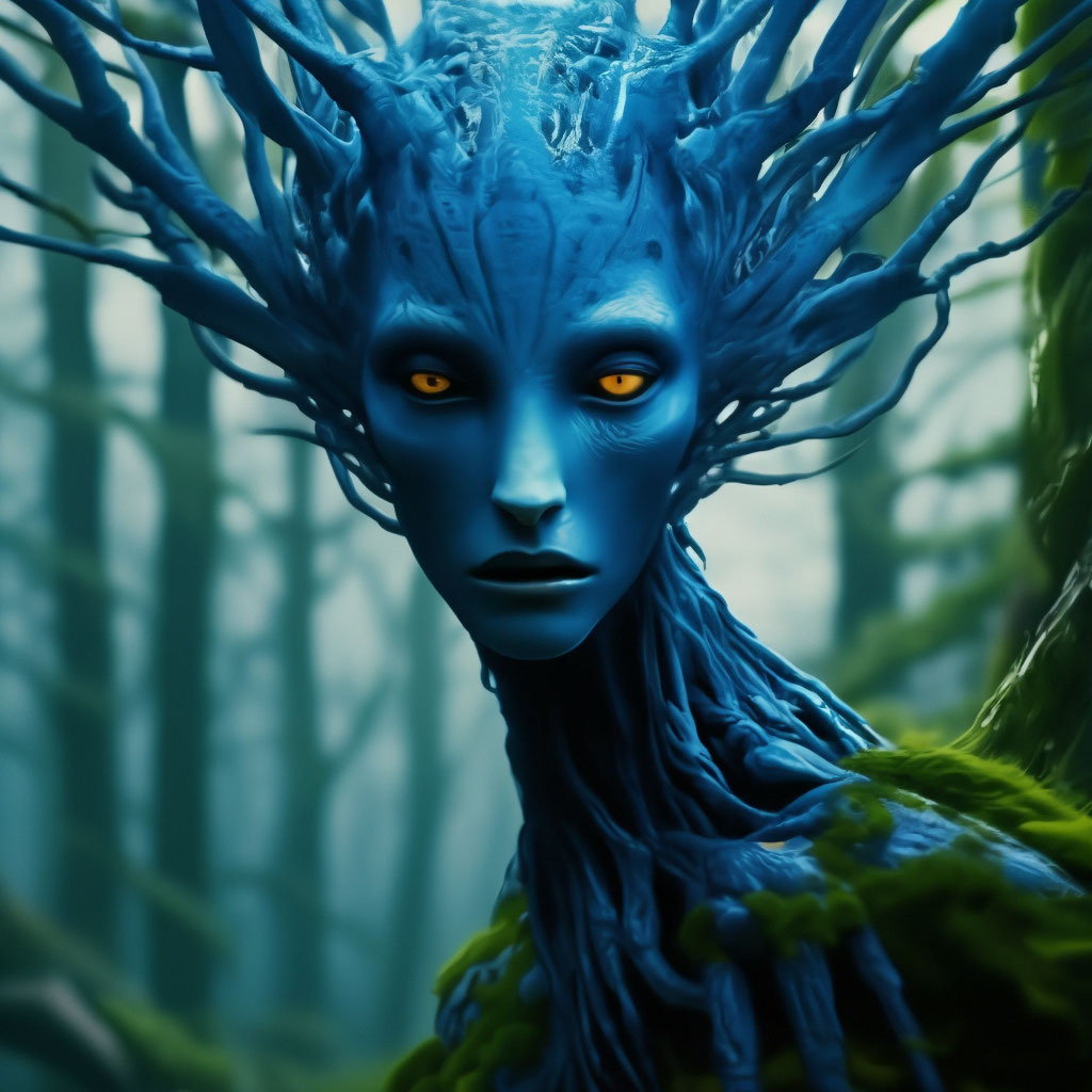 "Blue creatures that look like humans live in trees" — image created in ...