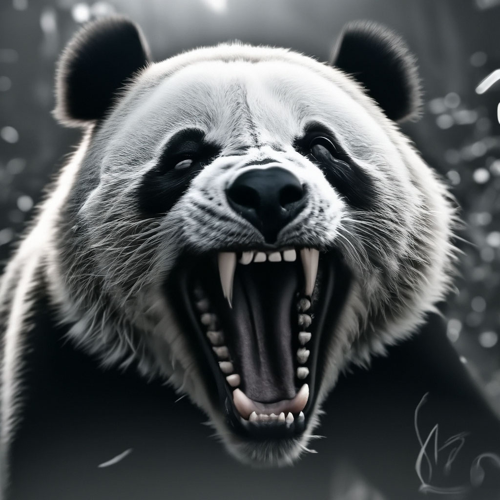 "Panda with sharp teeth and wide open mouth, black and white style ...