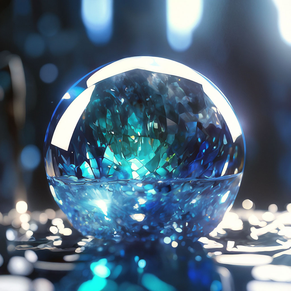 "Made of crystal, an epic crystal sphere with a blue liquid glowing ...