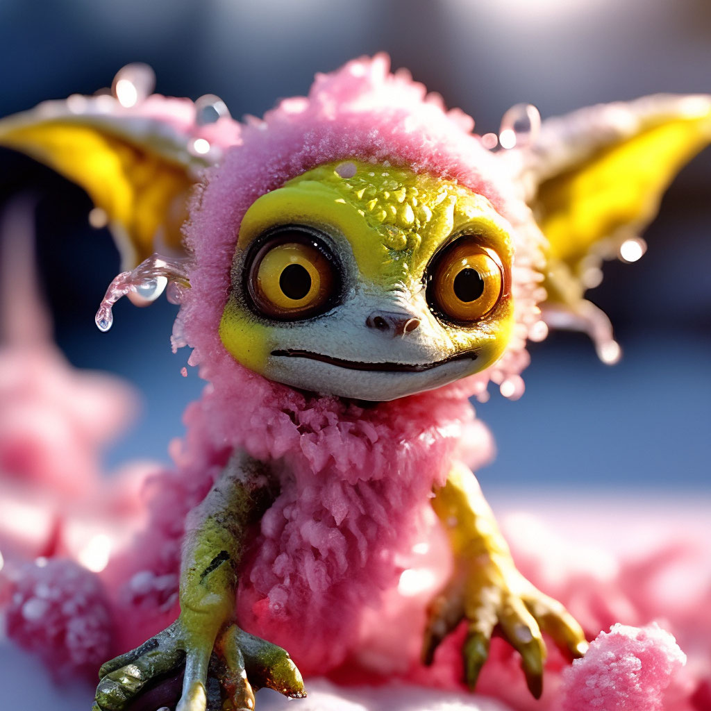 "Winter gremlin +zombie, on pink, very cute, photorealism ...