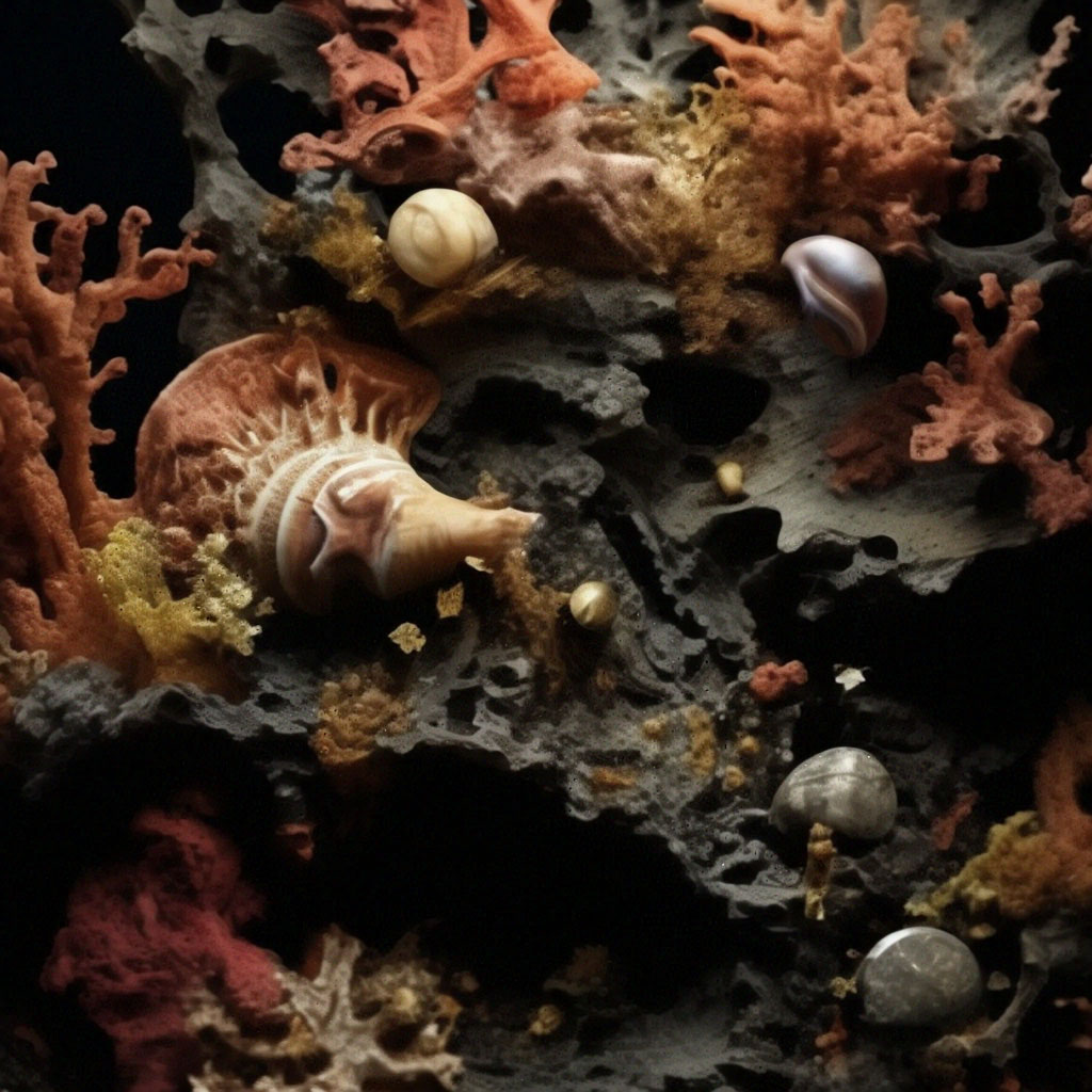 "Mythical oceanic reef of corals and algae, shells, intricate patterns ...
