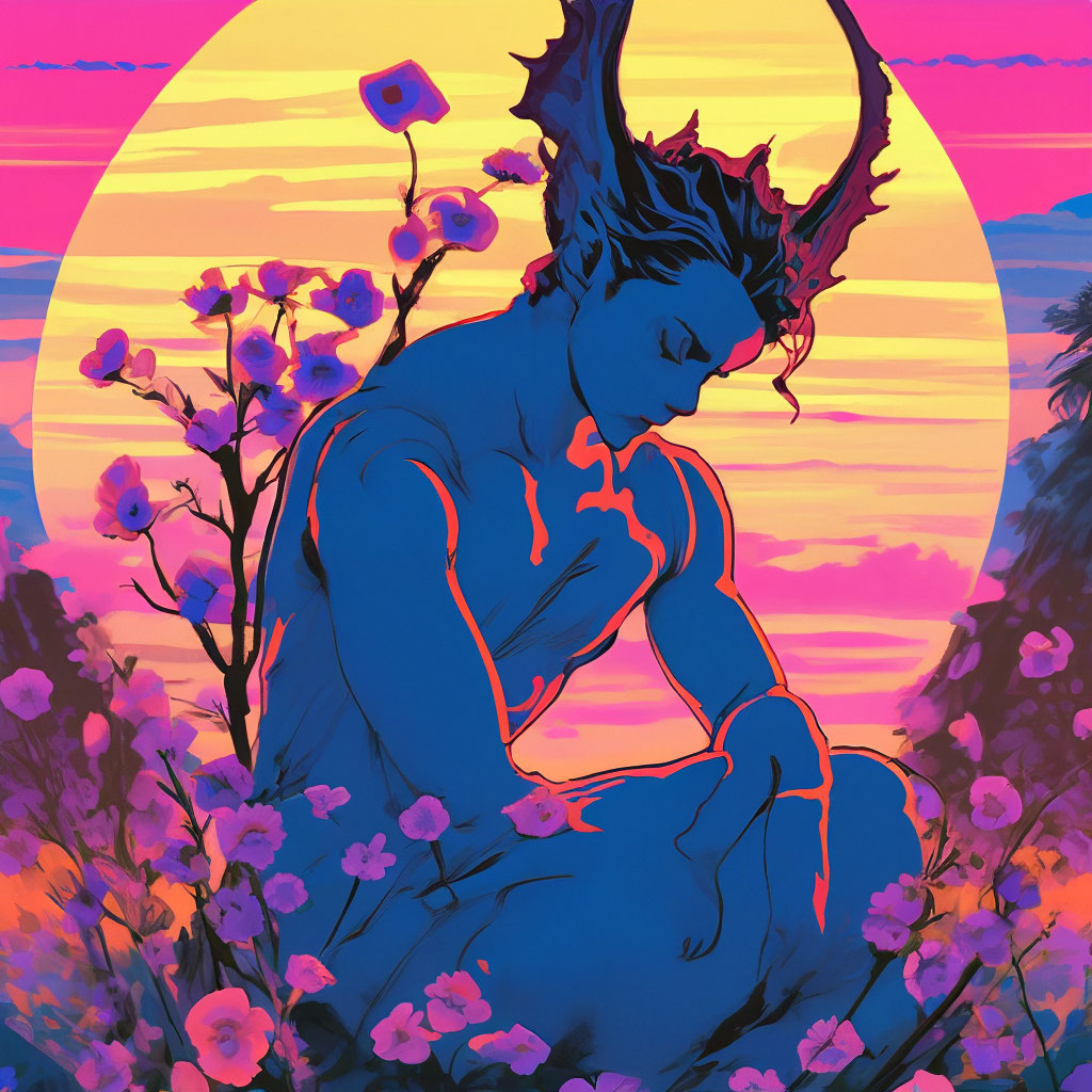"The winged, young, sadly pensive figure of the demon sits, hugging his ...
