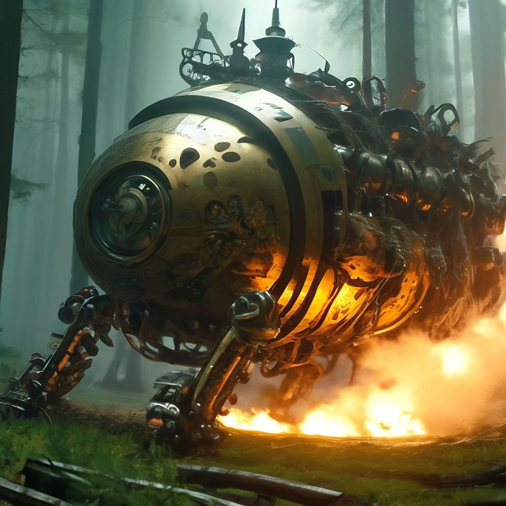 "A giant steampunk-style mechanical bun rolls through a gloomy dark ...