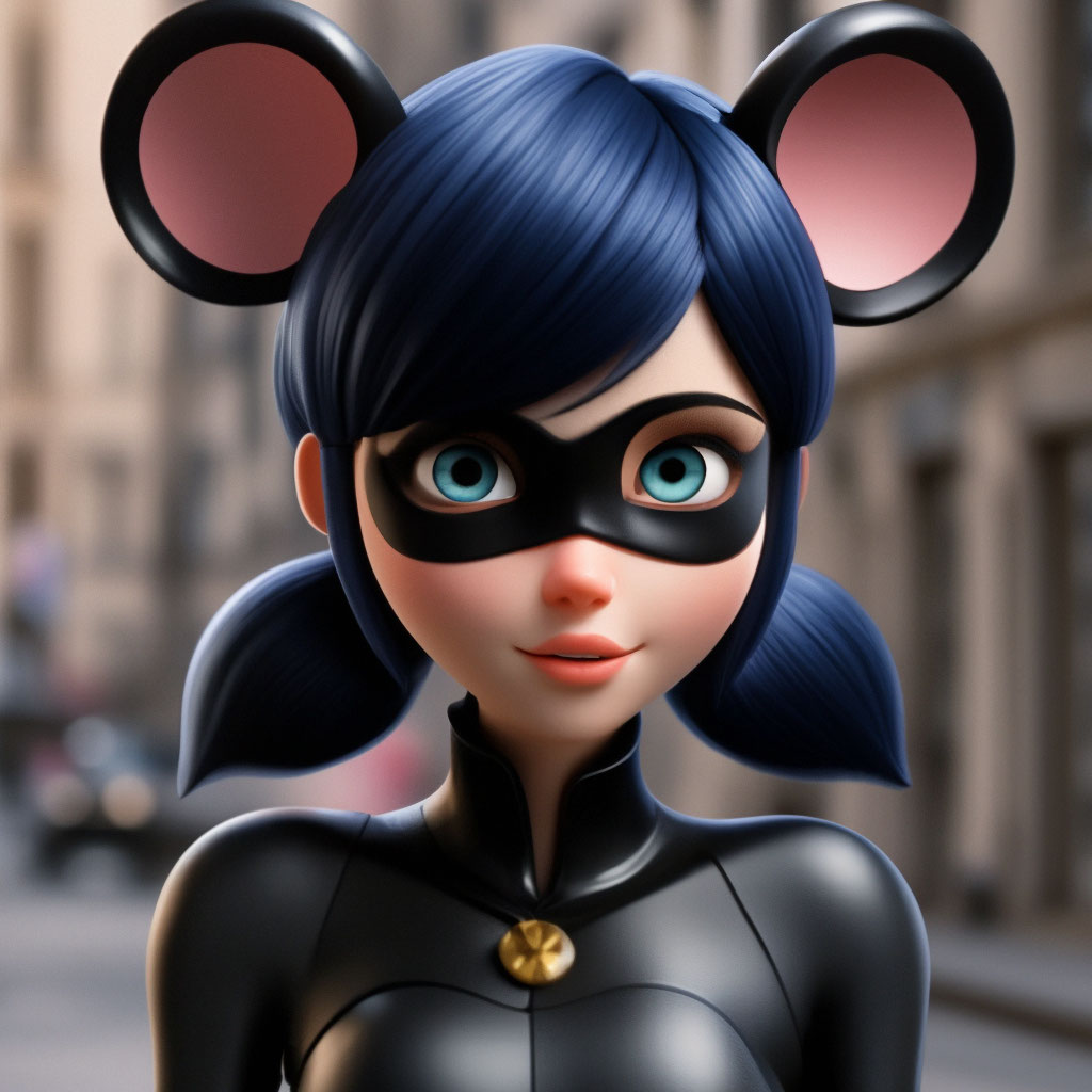 "Marinette Dupenchin in a mouse costume with a mask over her eyes ...
