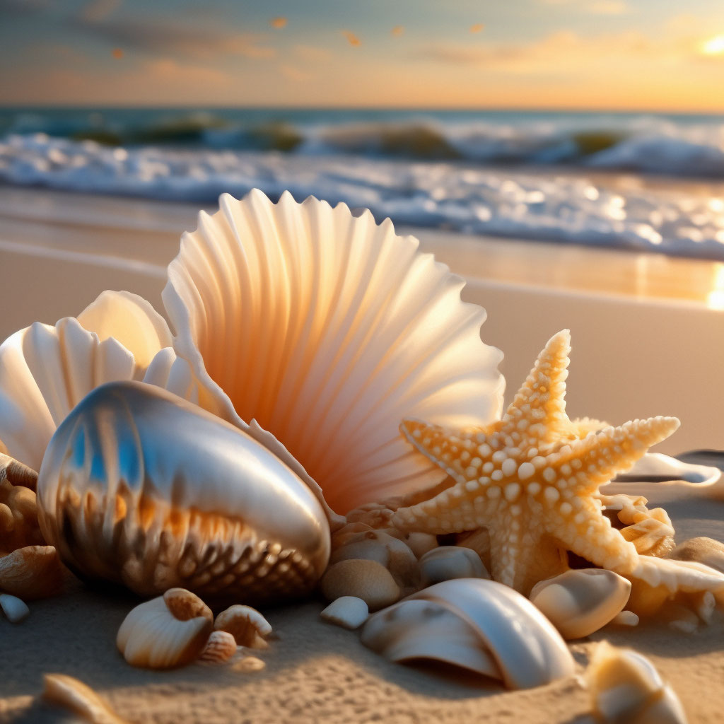 "White sand, stars, shells, mother of pearl, powdery colors, very ...