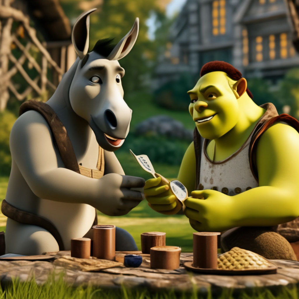 "Shrek is playing cards with a donkey on the lawn" — image created in ...