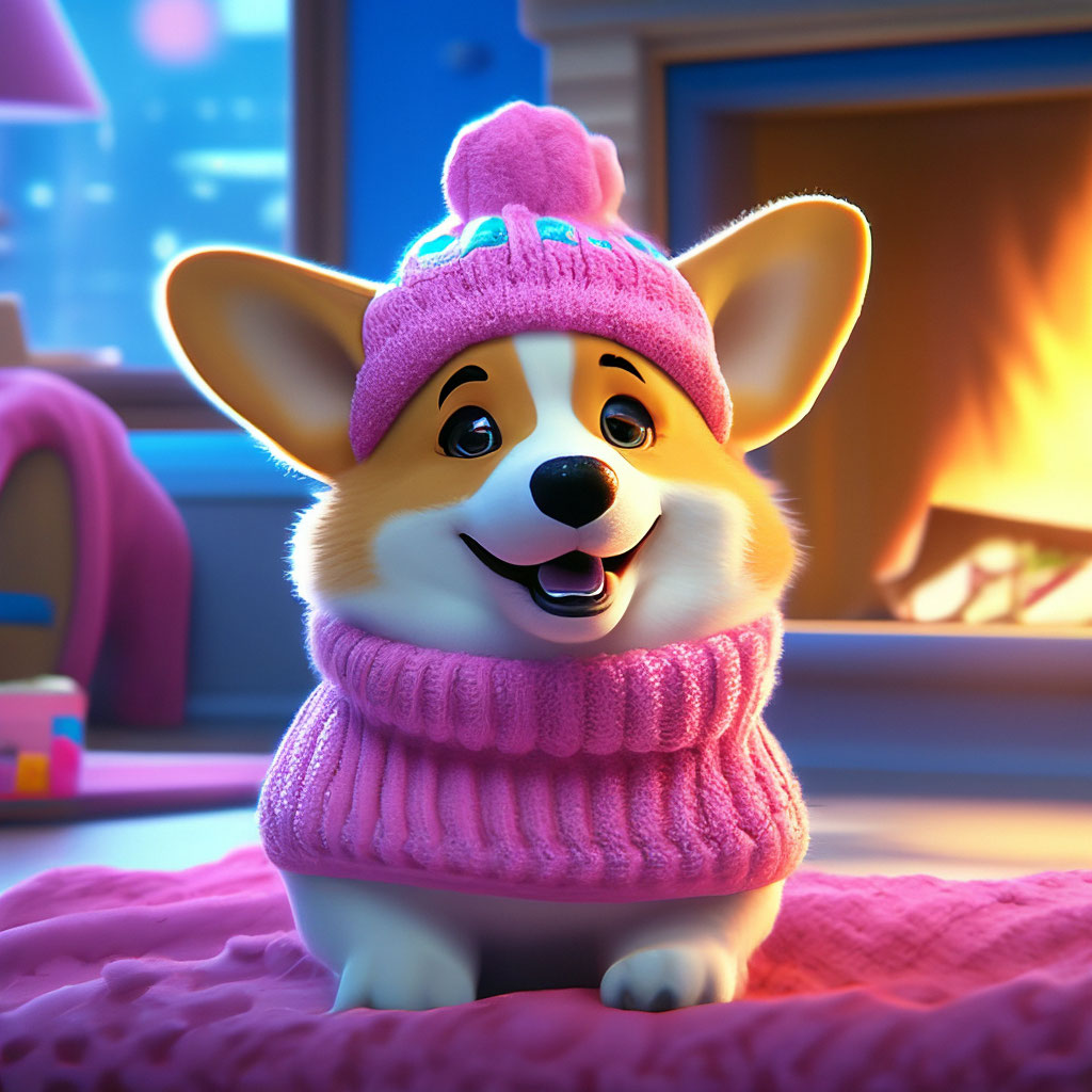 "Corgi in a knitted hat and sweater, fireplace in the background, smile ...