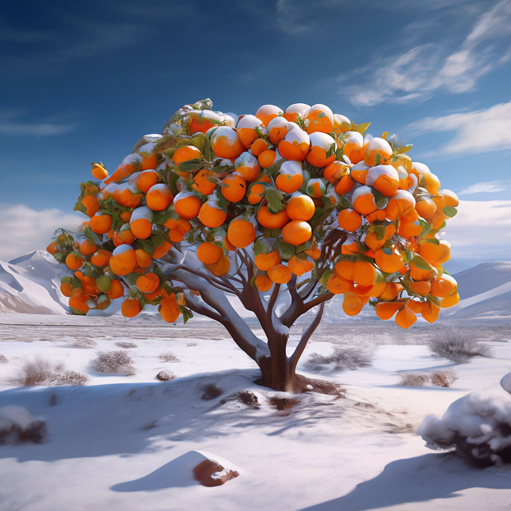 "A huge tangerine tree in the middle of a snowy desert, Hyperrealism ...