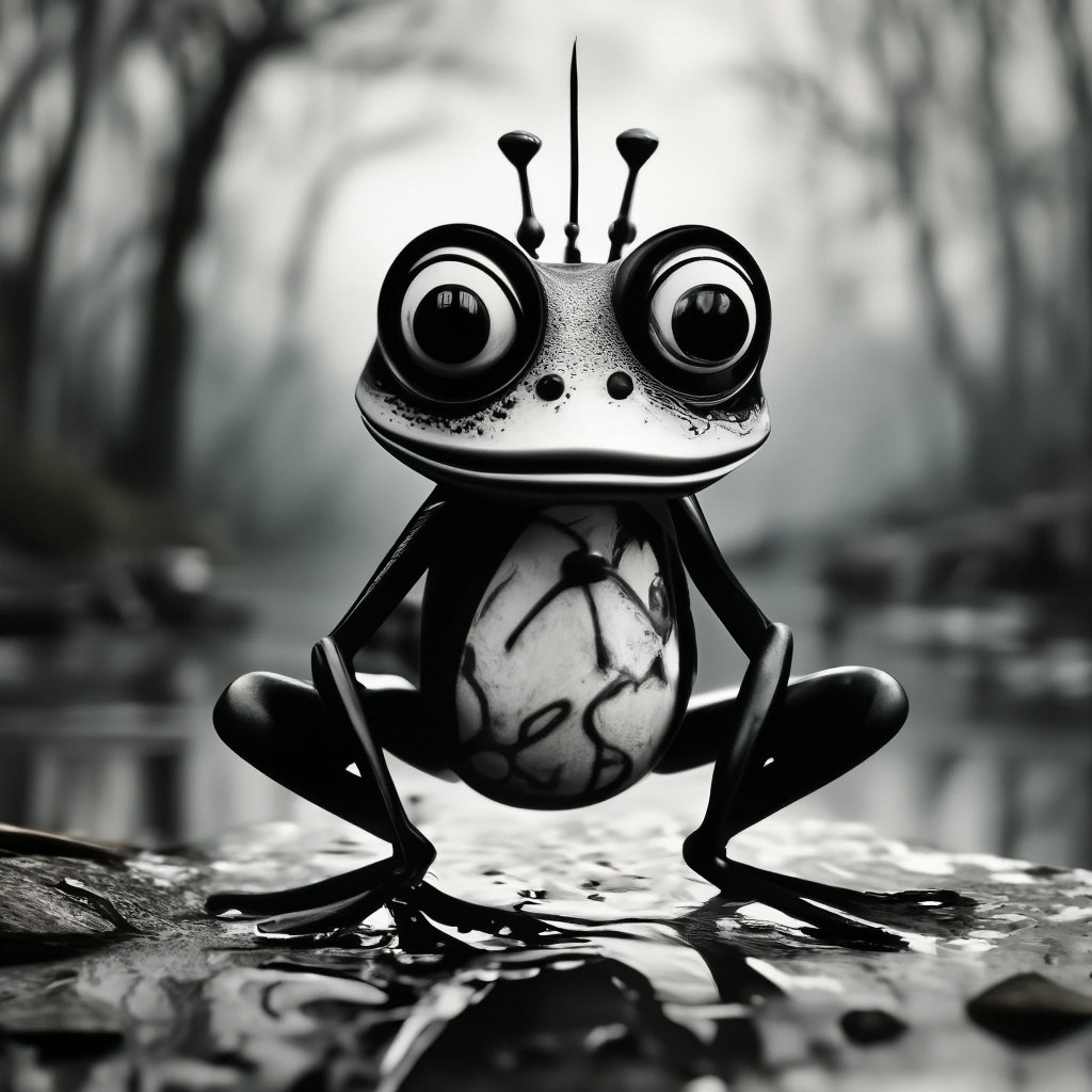 "A black and white frog in the style of Tim Burton" — image created in ...