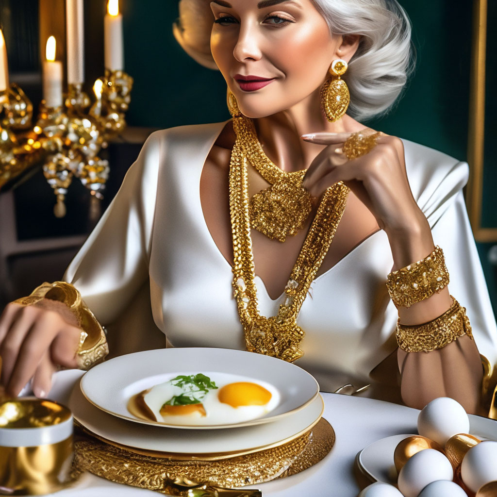 "Conceptual shooting, a beautiful rich lady all in gold jewelry, rings ...