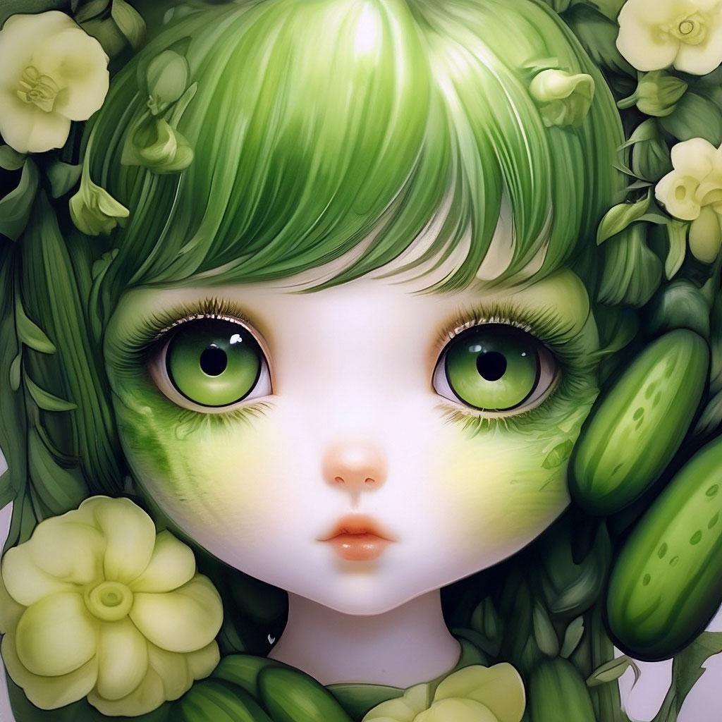 "Cucumber girl, chibi style, big eyes, doll face, fantasy, white, green ...