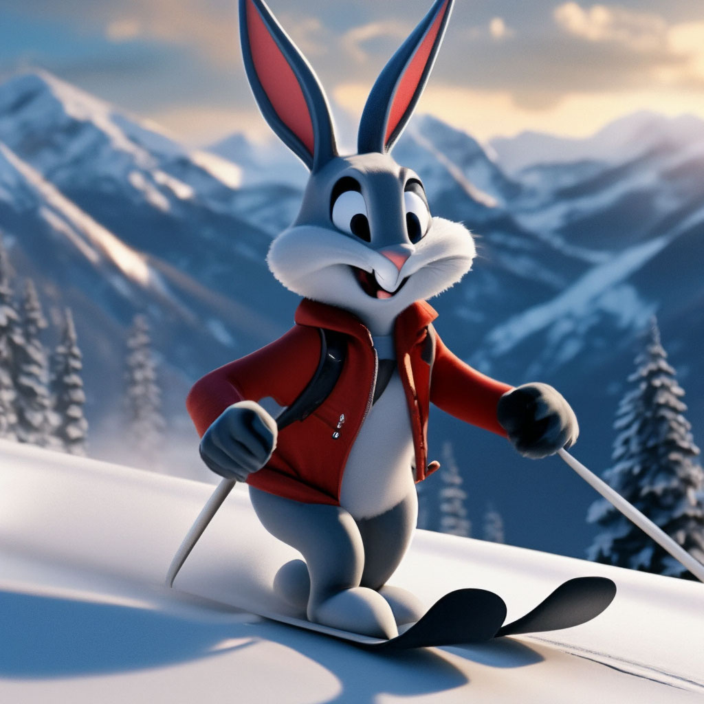 "Disney Pixar version of Bugs Bunny on the ski slope" — image created ...
