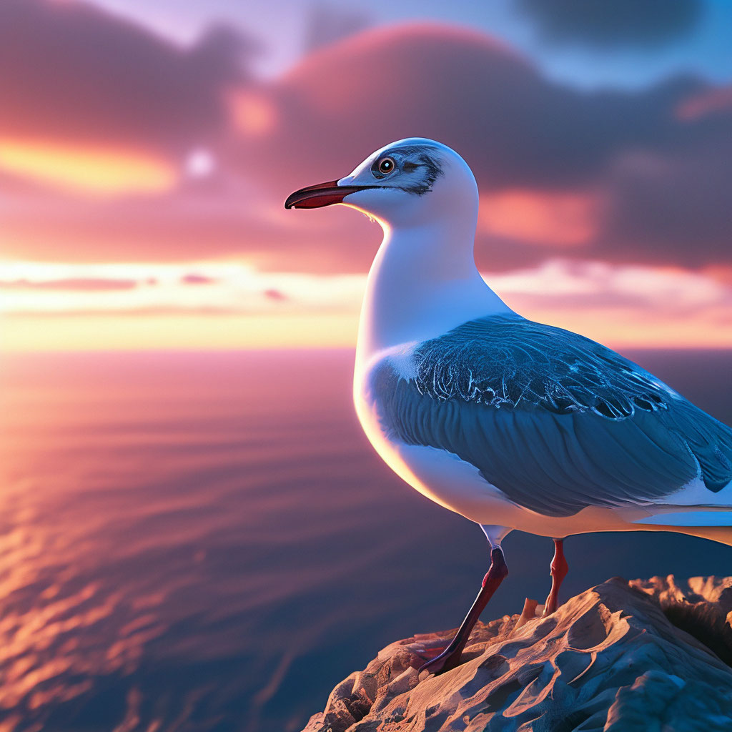 "A seagull on a high rocky cliff above the sea, looking into the ...