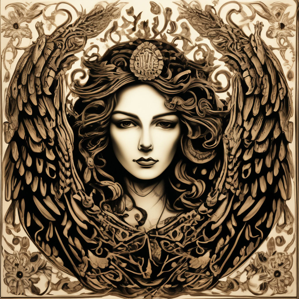 "Ink drawing ink bird Sirin with a female face surrounded by Russian ...