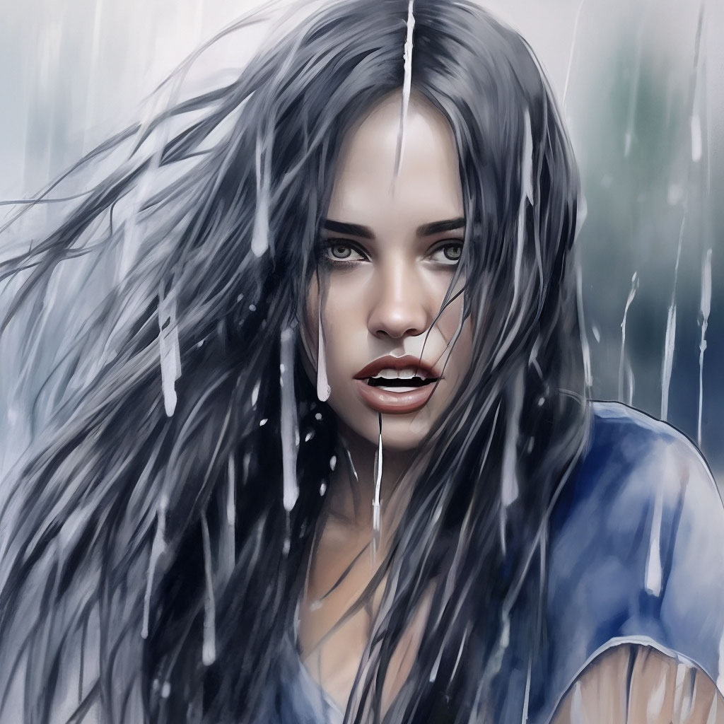 "Watercolor girl fangs long hair rain hail close up detailed hyper ...