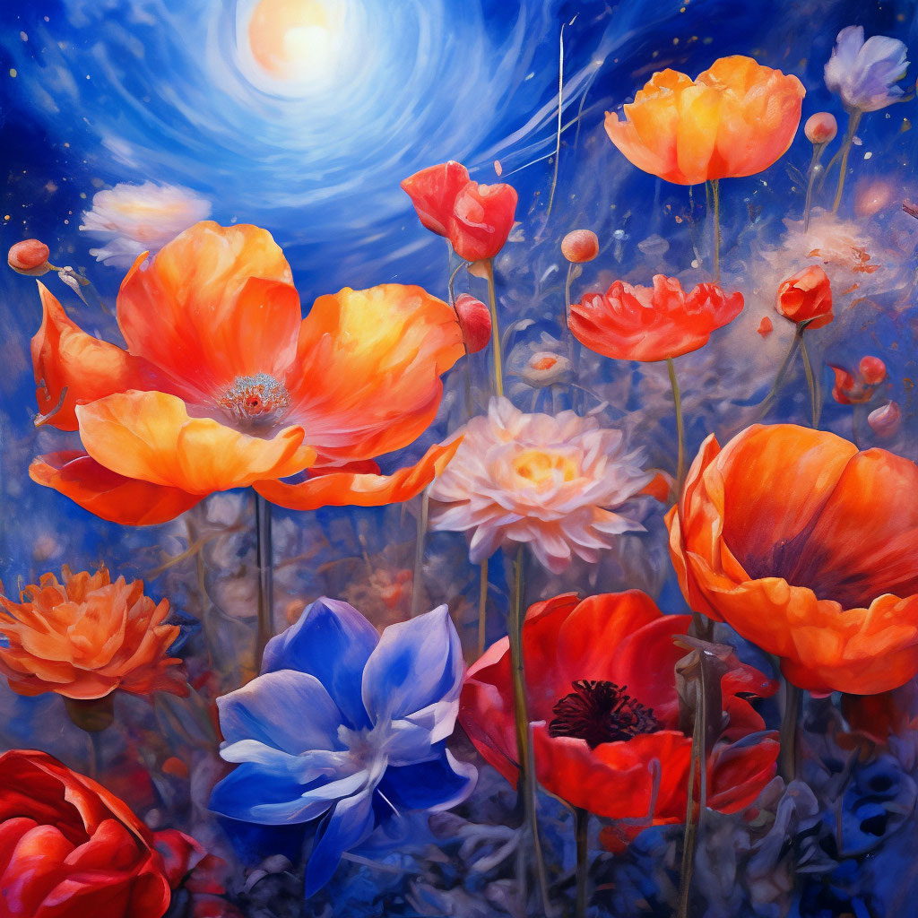 "Blue+ red+ orange, watercolor, very beautiful flowers, fine drawing ...