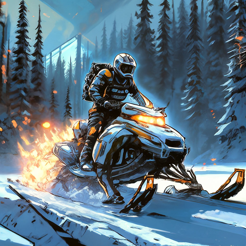 "Snowmobile on the ice of a forest lake" — image created in Shedevrum