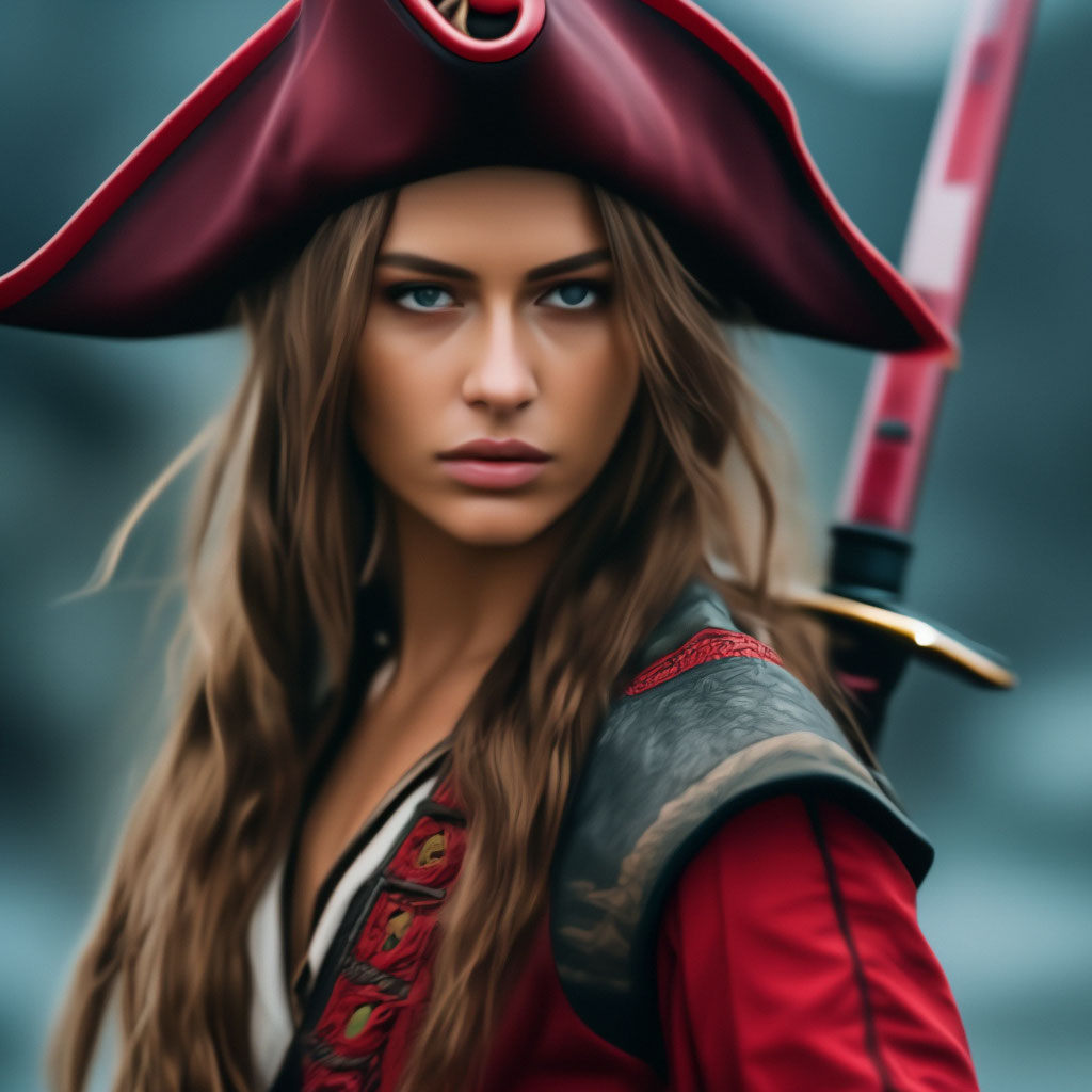 "Hyperdetalization of the face,a Russian pirate girl with a red katana ...