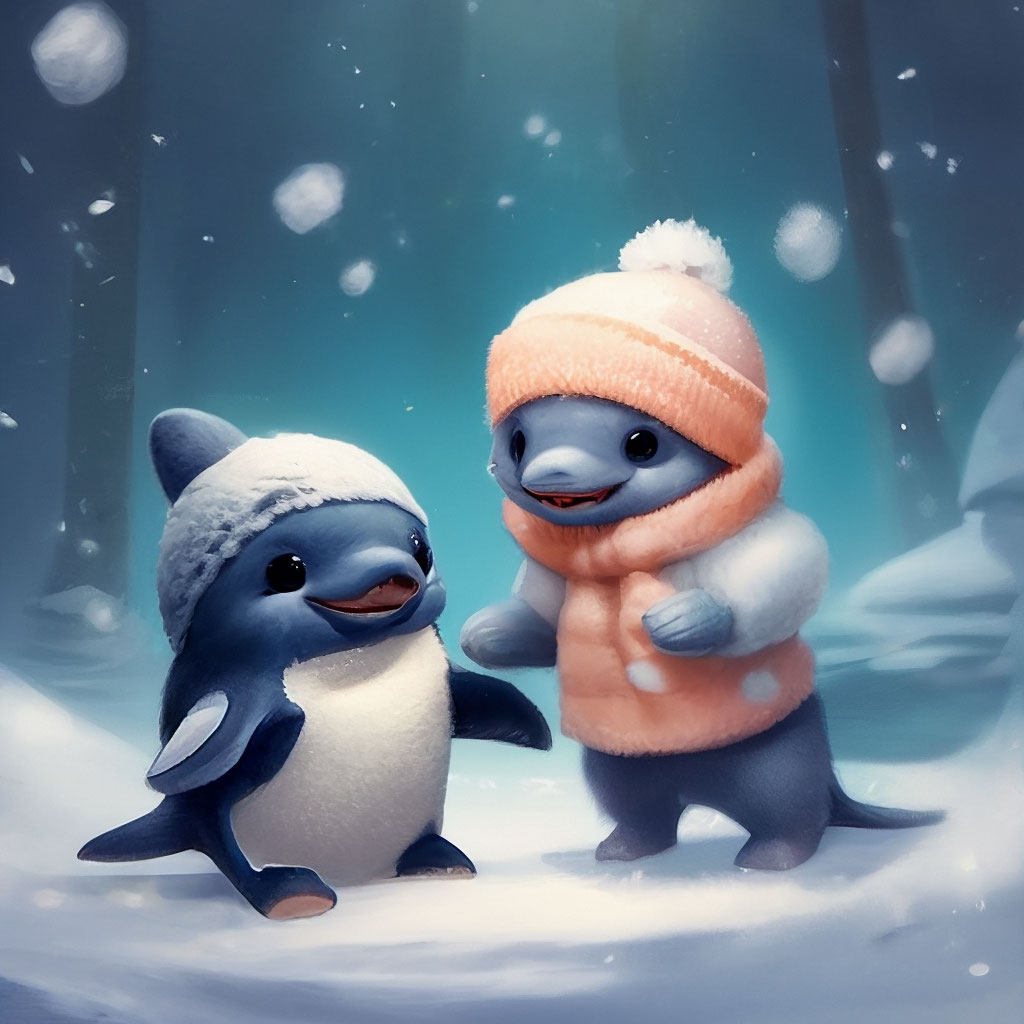 "Baby dolphin in a beanie playing snowballs with baby puffer" — image ...