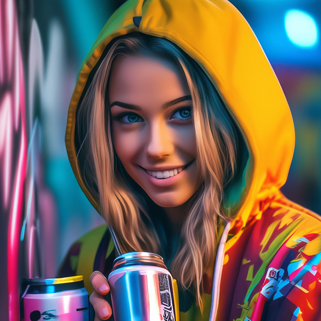 "A beautiful girl in a tracksuit and a hood, draws graffiti on the wall ...